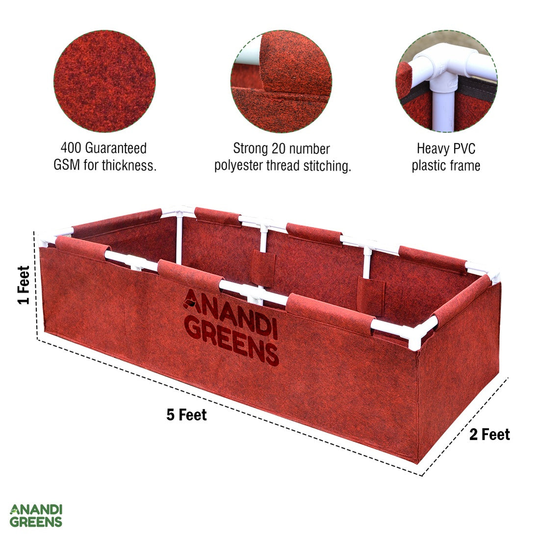 Geo Fabric Rectangular Grow Bag 5x2x1ft with PVC — Anandi Green's