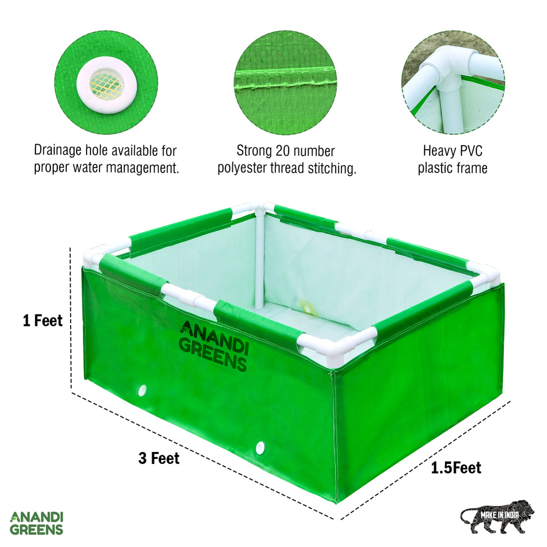 HDPE Rectangular Grow Bag | 3x1.5x1 ft | 360 GSM with UPVC Support Fra ...