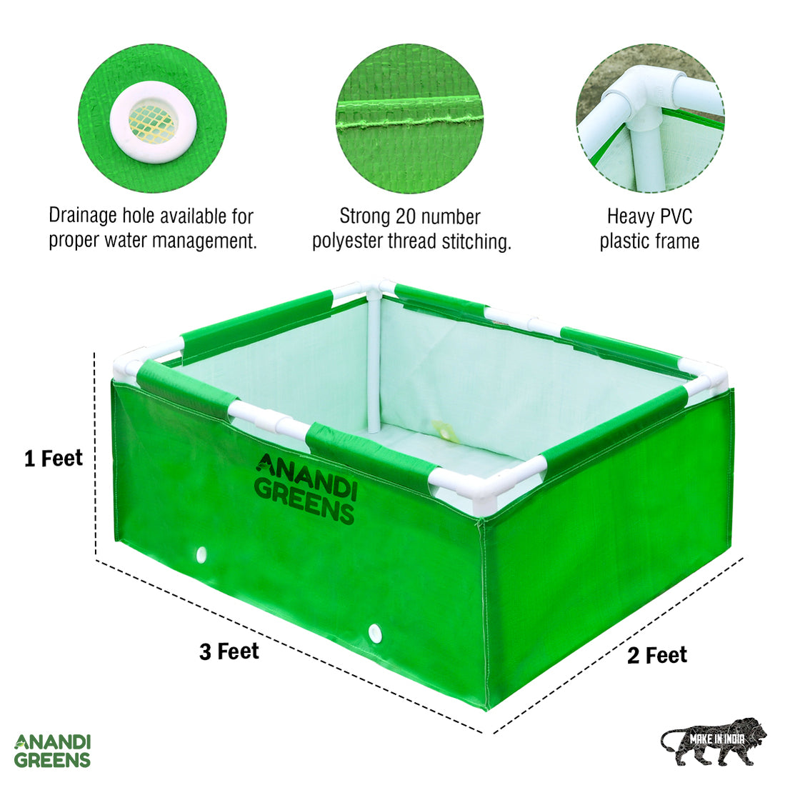 HDPE Rectangular Grow Bag | 3x2x1 Fit | 360 GSM with Upvc Support Fram ...