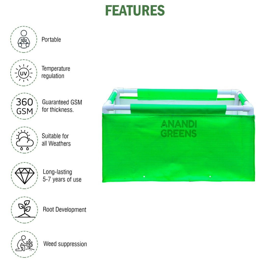 HDPE Rectangular Grow Bag | 2x1x1 ft | 360 GSM with PVC pipe Support — Anandi Green's