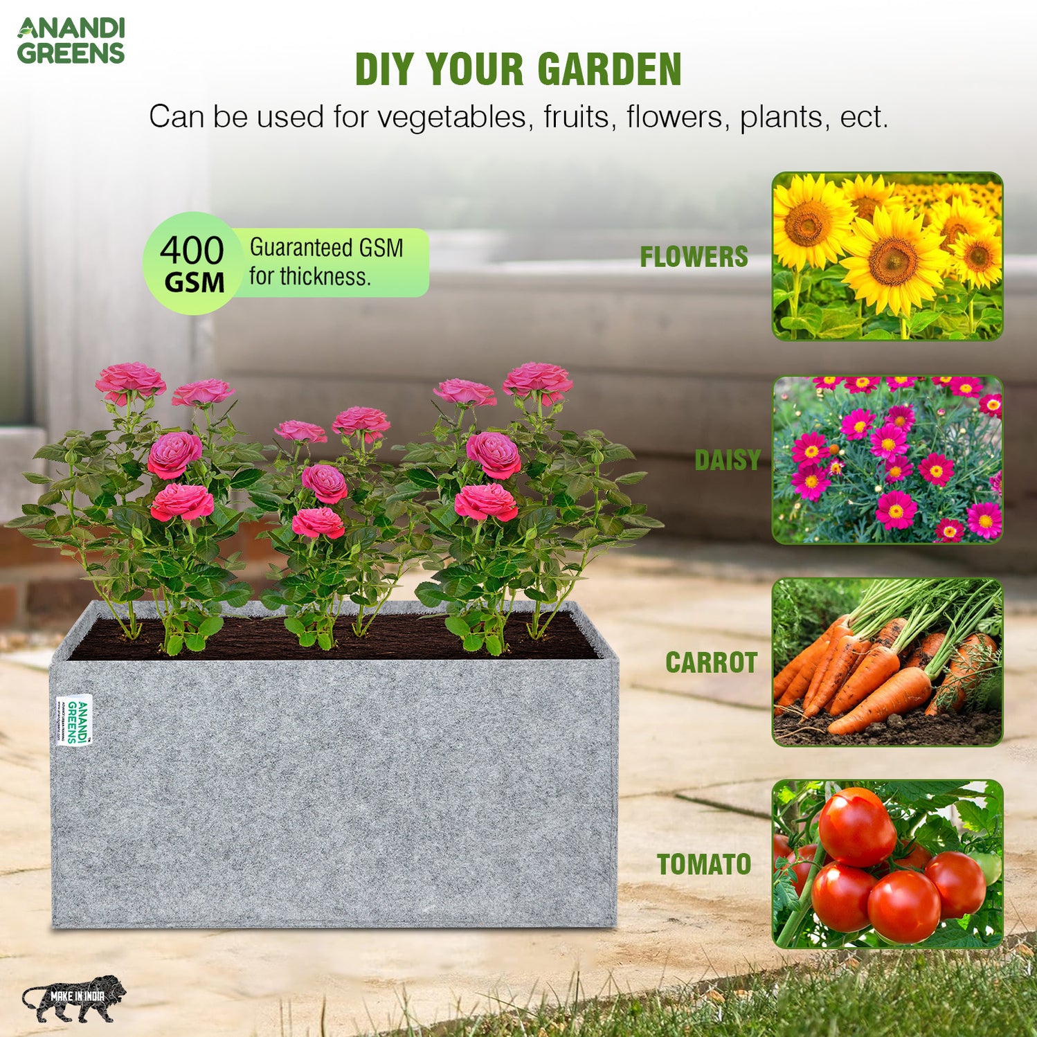 Geo Fabric Rectangular Grow Bag 18x9x9 Inch | 400 GSM — Anandi Green's